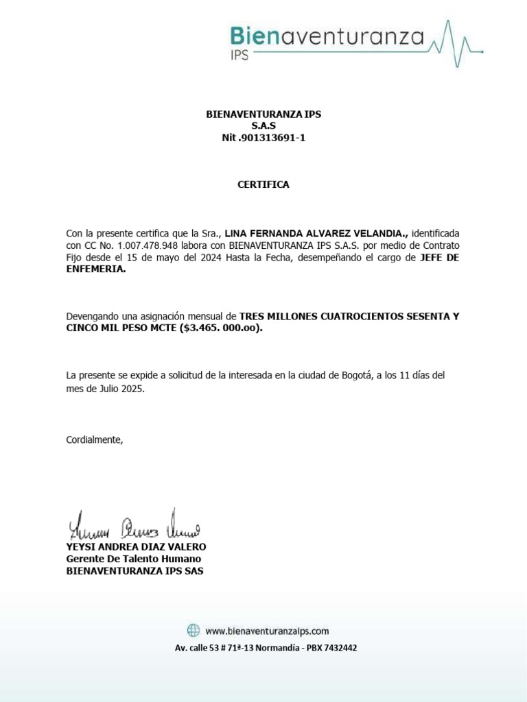 Certificado Laboral Lina Alvarez | PDF