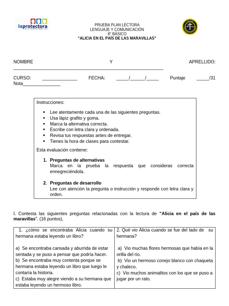 Prueba de Comprensión: Alicia en el País de las Maravillas | PDF | Las ...