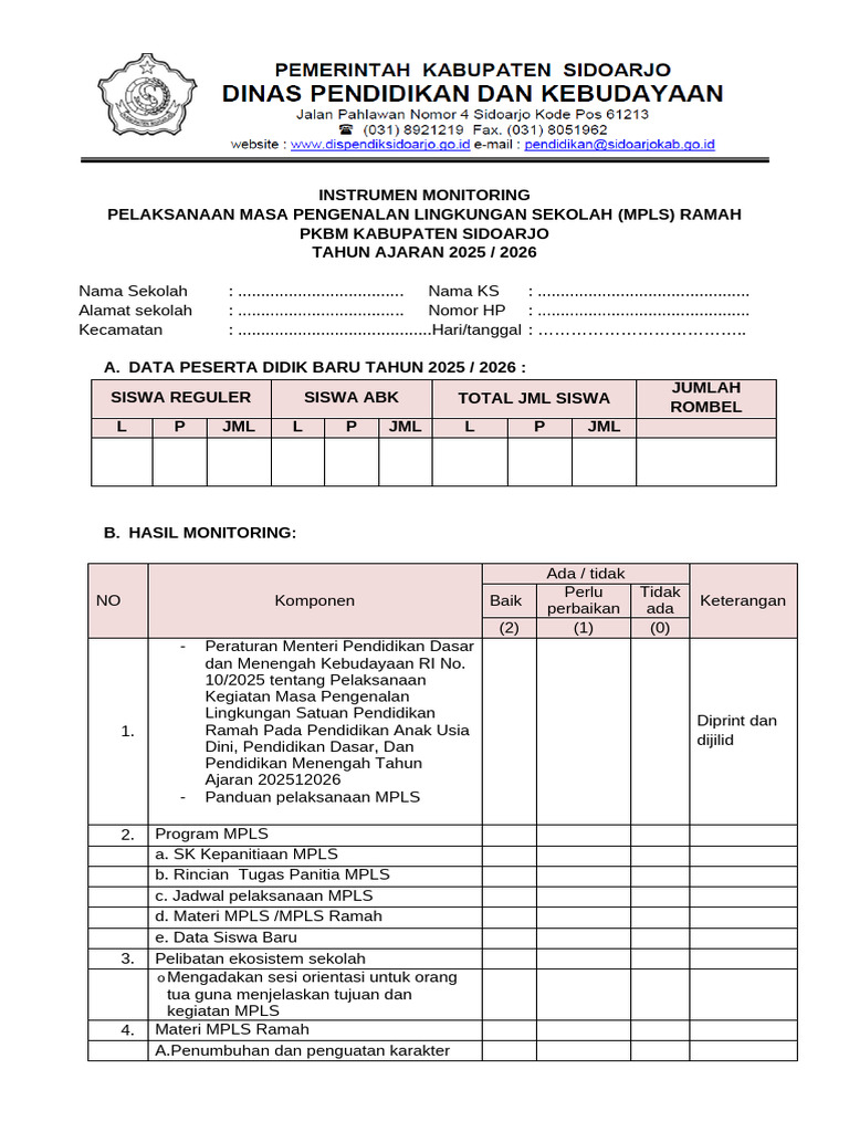 Instrumen Monitoring Mpls 2025pkbm | PDF