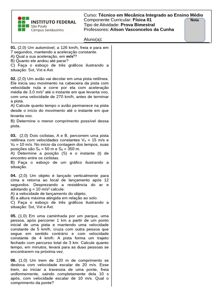 Prova de Física: Mecânica e Movimento | PDF