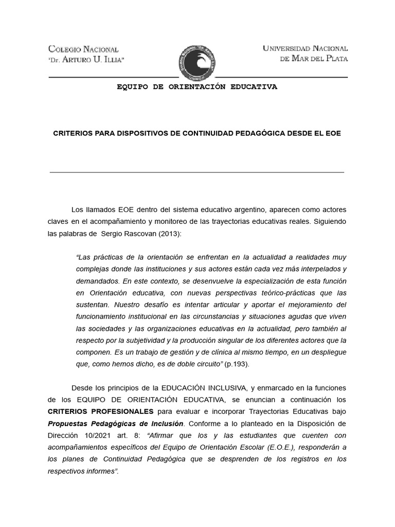 CRITERIOS Dispositivos de Continuidad Pedag Gica 2024 | PDF | Inclusión ...