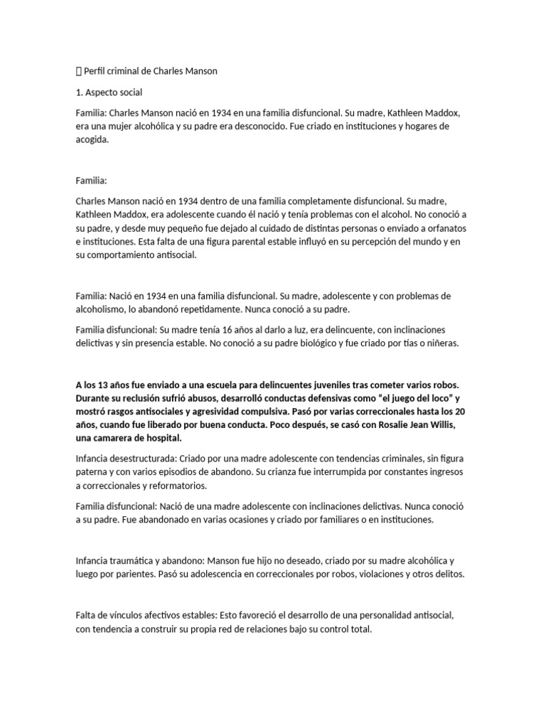 ? Perfil Criminal de Charles Manson | PDF | Charles Manson | La delincuencia juvenil
