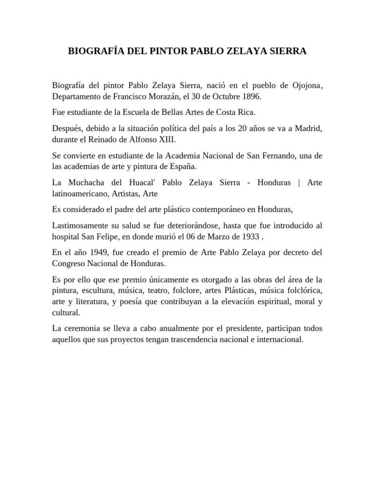 Biografía Del Pintor Pablo Zelaya Sierra | PDF