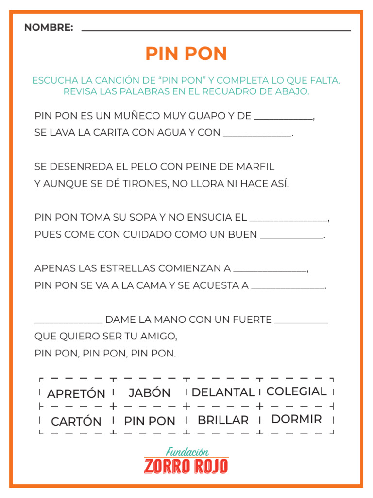 Letra de la Canción "Pin Pon" | PDF