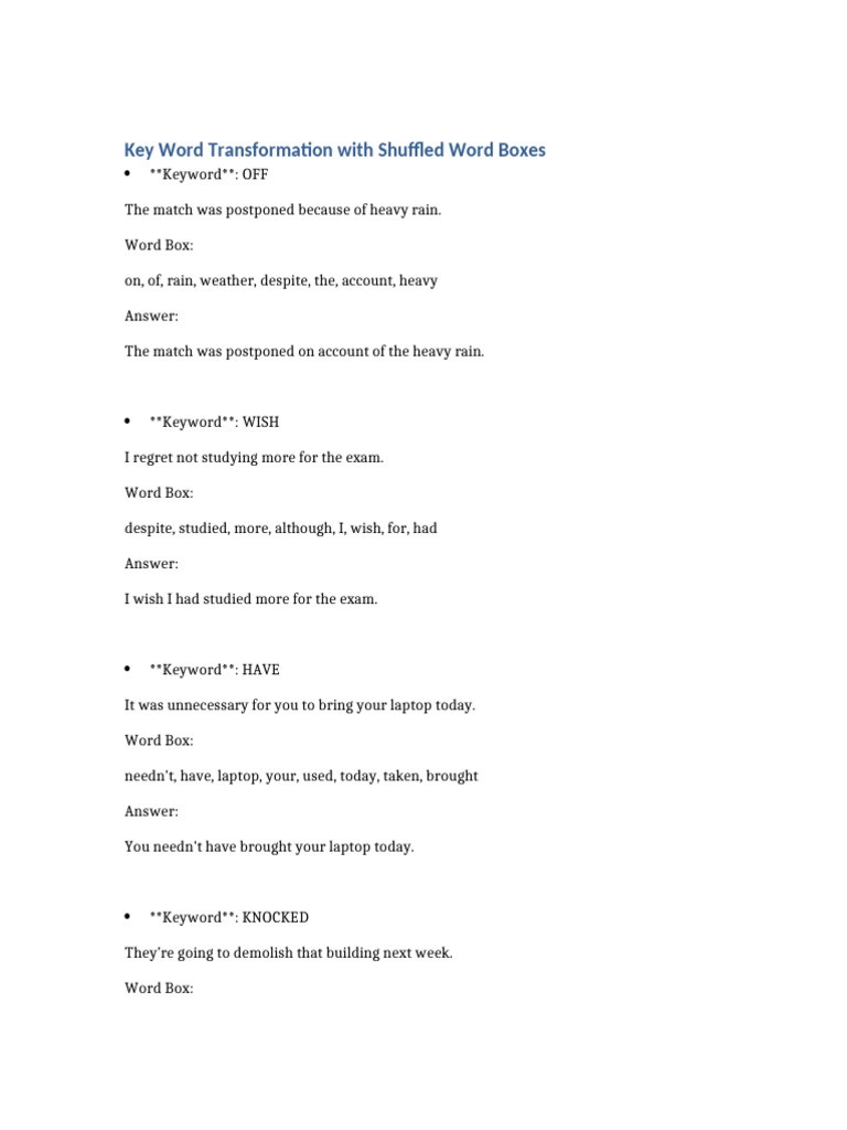 Key Word Transformation Shuffled Word Boxes | PDF