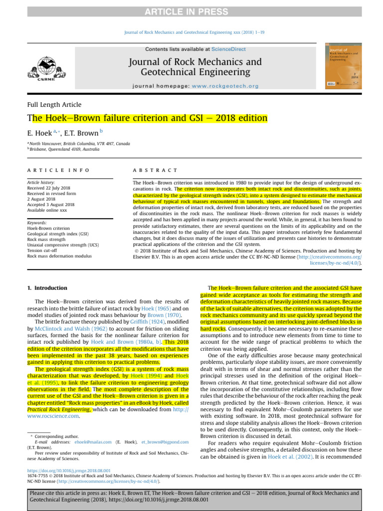Hoek-Brown Criterion & GSI 2018 Update | PDF | Fracture | Geotechnical ...