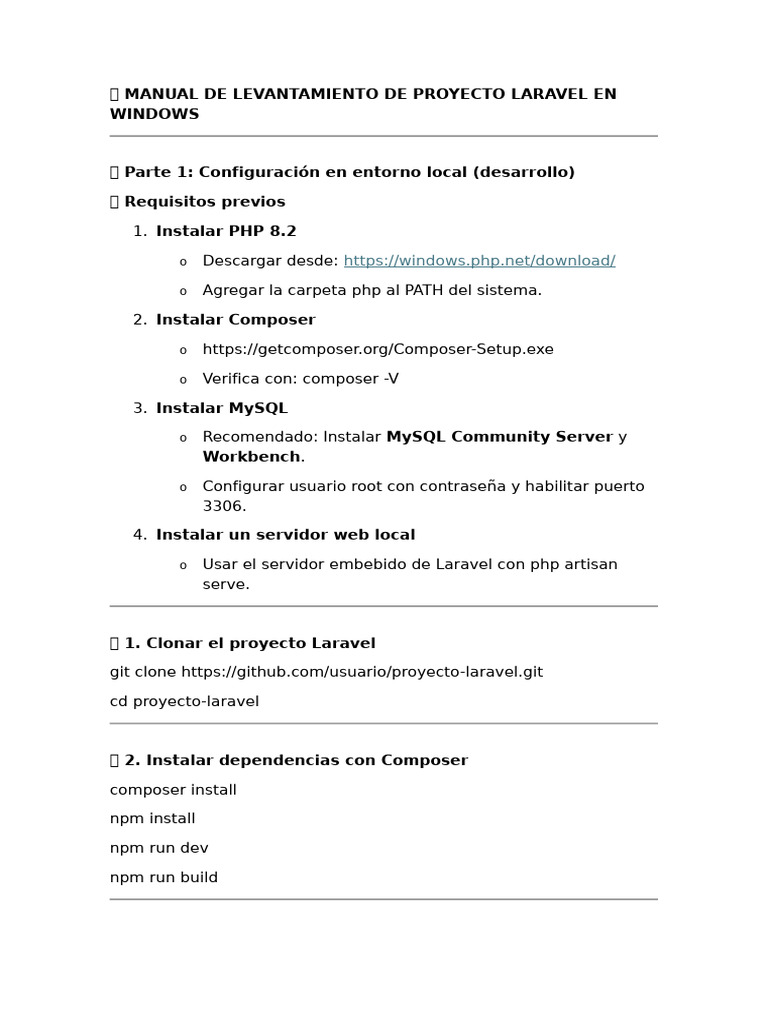 ? Manual de Levantamiento de Proyecto Laravel en Windows | PDF | Mi sql | Php