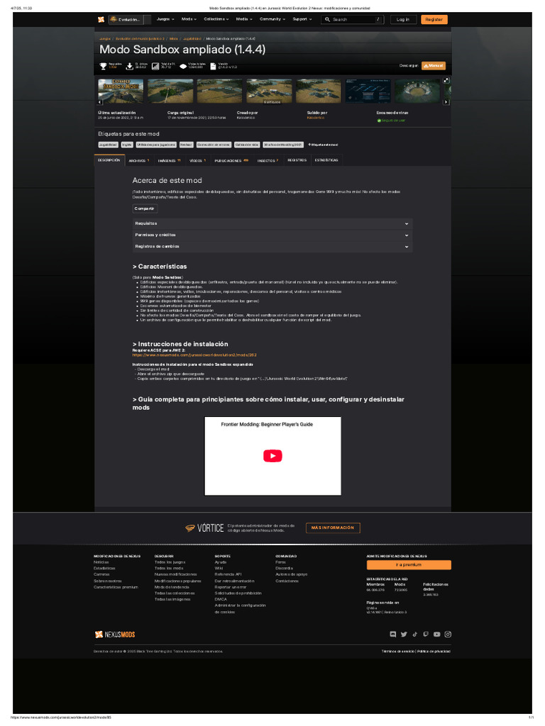Modo Sandbox Ampliado (1.4.4) en Jurassic World Evolution 2 Nexus - Modificaciones y Comunidad | PDF