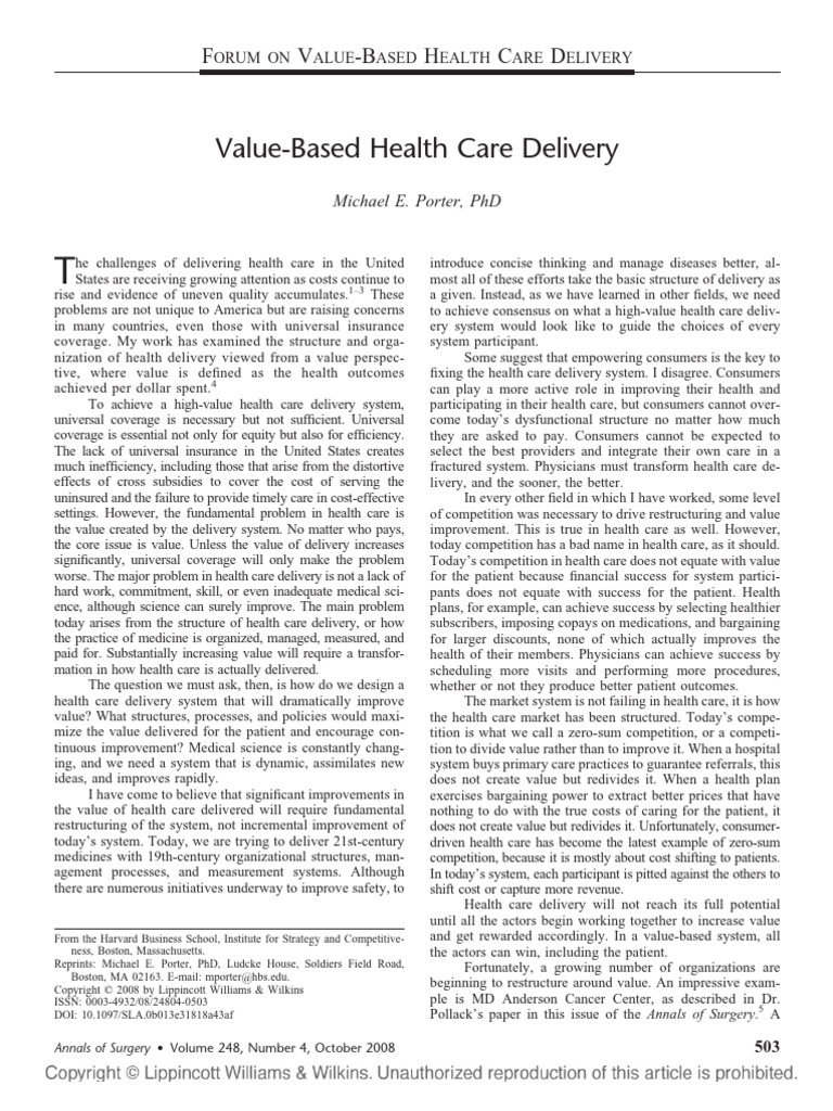 Value-Based Health Care Delivery M. Porter | PDF | Health Care | Patient