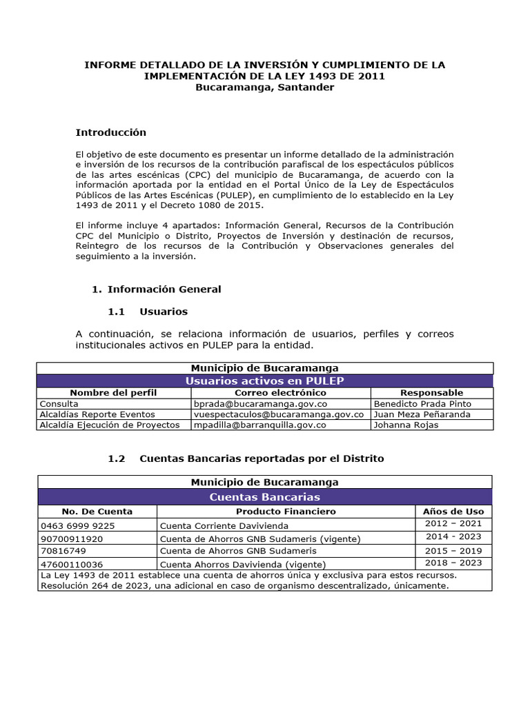 Informe Detallado de La Inversión y Cumplimiento de La Implementación ...