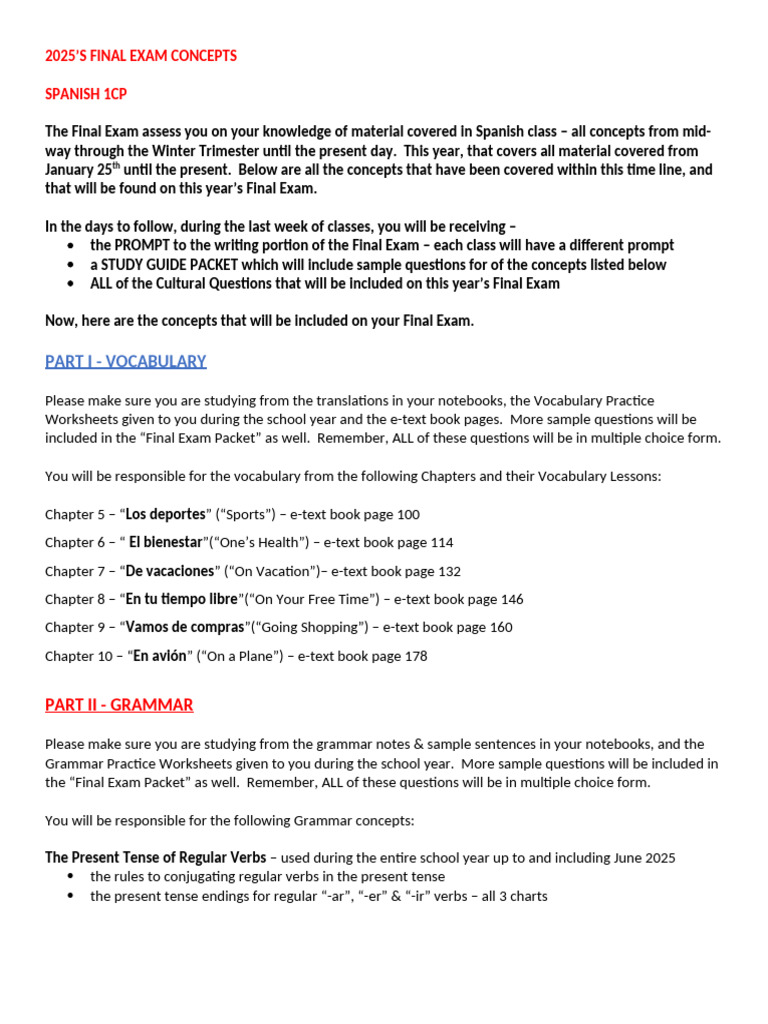 CP Info - 2025 FINAL EXAM CONCEPTS - SPANISH 1CP | PDF | Grammatical Tense | Grammatical Conjugation