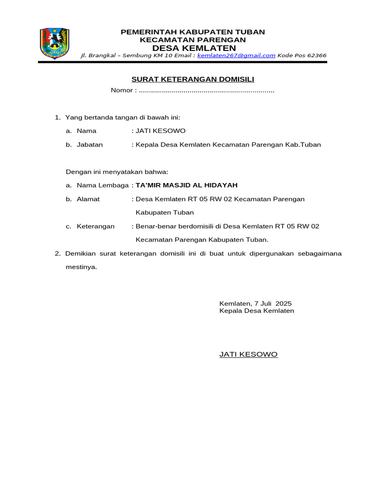 Surat Keterangan Domisili Masjid | PDF