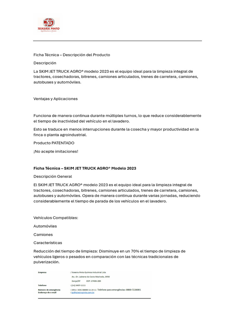 Ficha Técnica - SKIM JET TRUCK AGRO® Modelo 2023 | PDF | Motor a ...