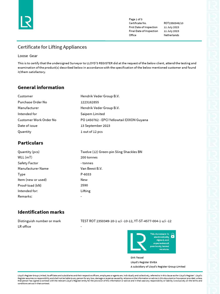 Lifting Appliance Inspection Certificate | PDF