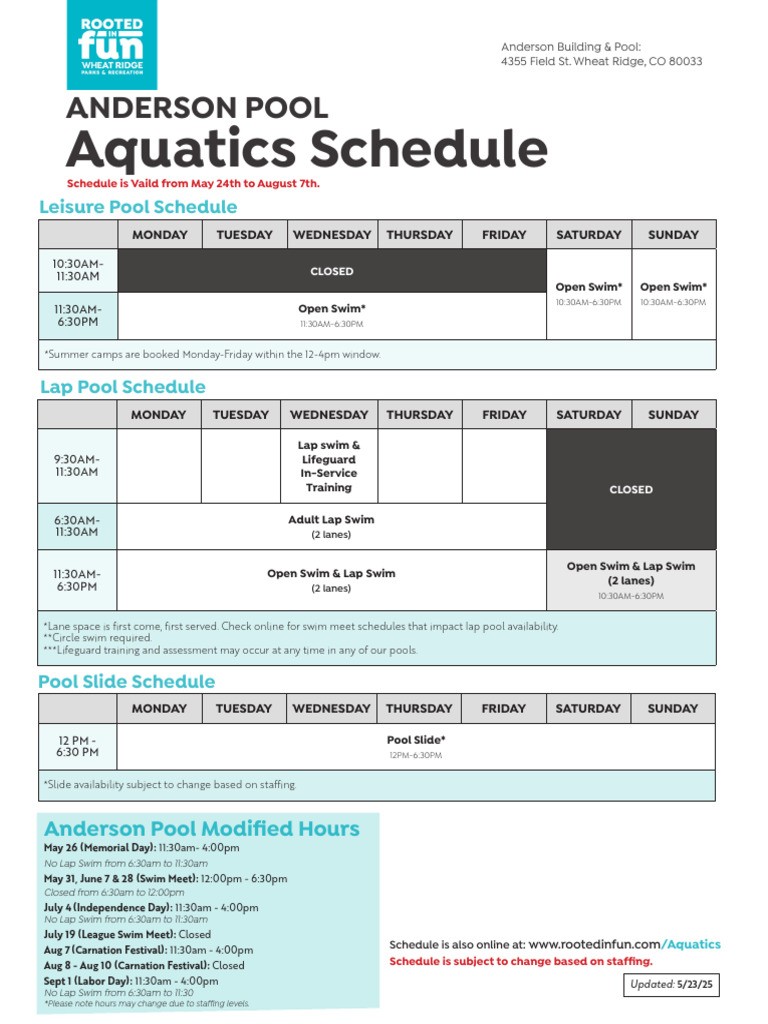 Anderson Pool Schedule - 2025 - 202505191607399093 | PDF