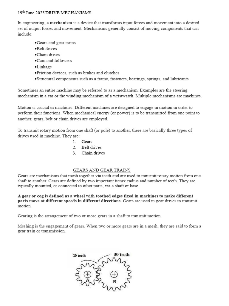Bst2 - Drive Mechanisms - Complete Note | PDF | Gear | Belt (Mechanical)
