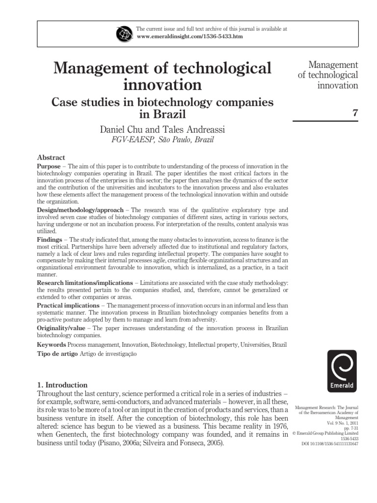 Management of Technological Innovation: Case Studies in Biotechnology ...