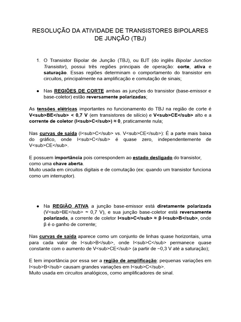 Funcionamento do Transistor Bipolar TBJ | PDF | Transistor | Transistor ...