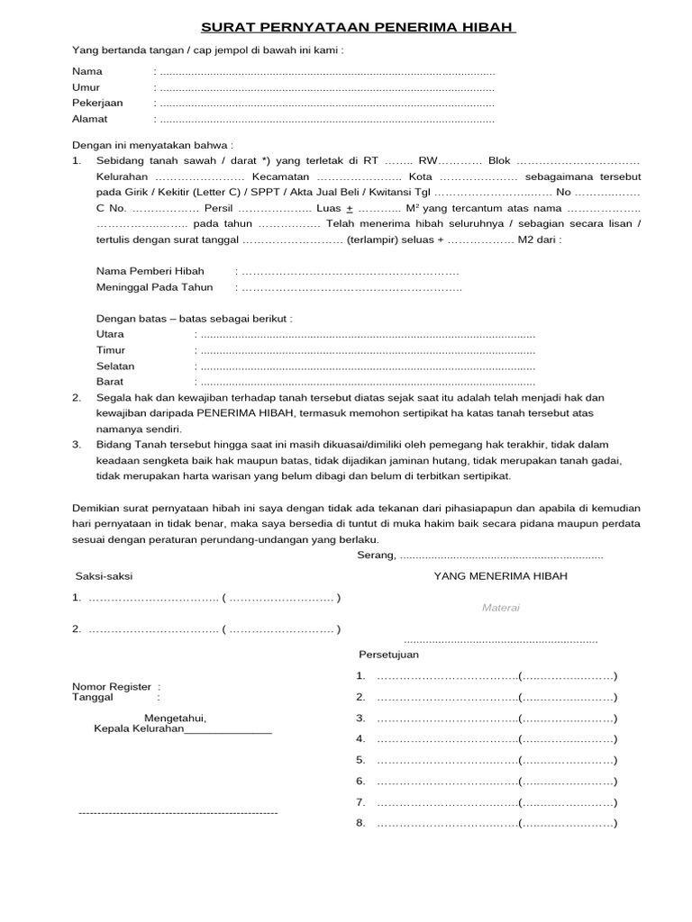 Surat Pernyataan Hibah Tanah | PDF