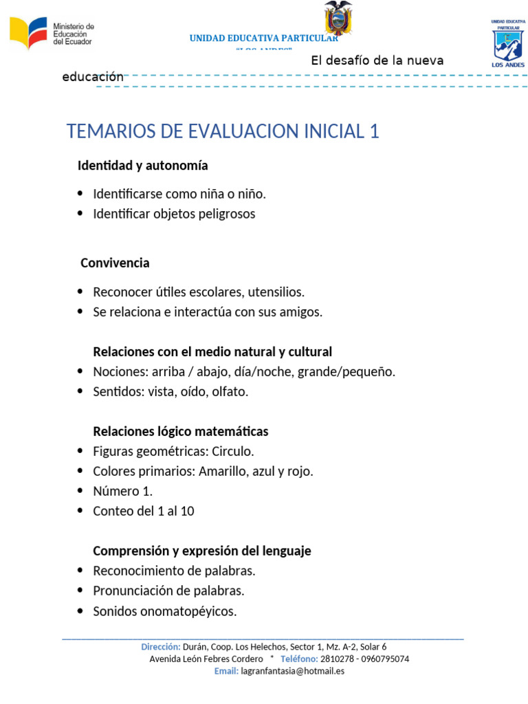 Temarios de Evaluacion, Inicial 1 y 2 | PDF