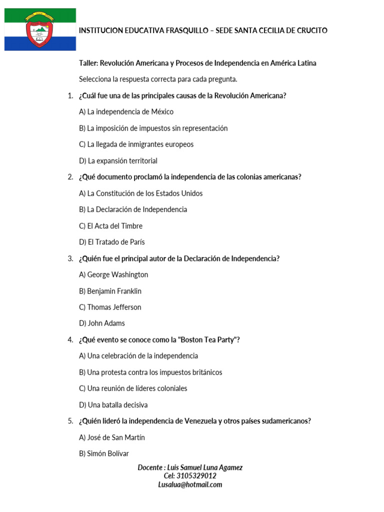 Taller sobre Revolución Americana e Independencias | PDF | revolución ...