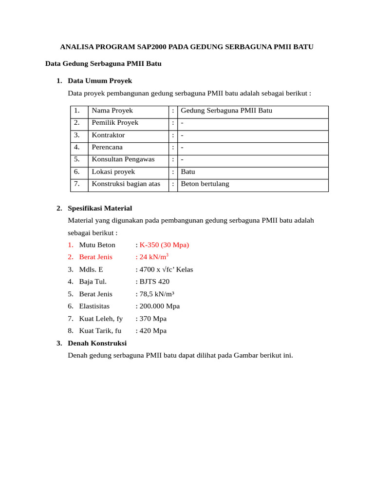 Analisa Program Sap2000 Pada Gedung Serbaguna Pmii Batu | PDF