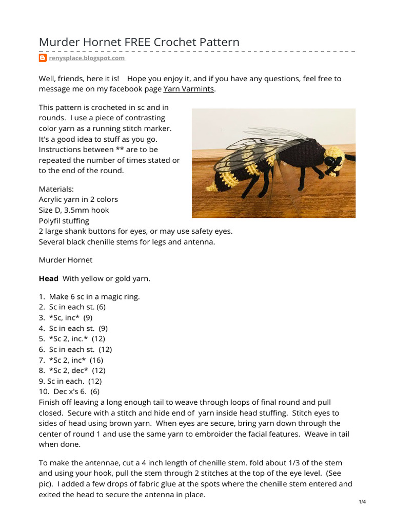 Free Murder Hornet Crochet Pattern | PDF | Crochet | Yarn