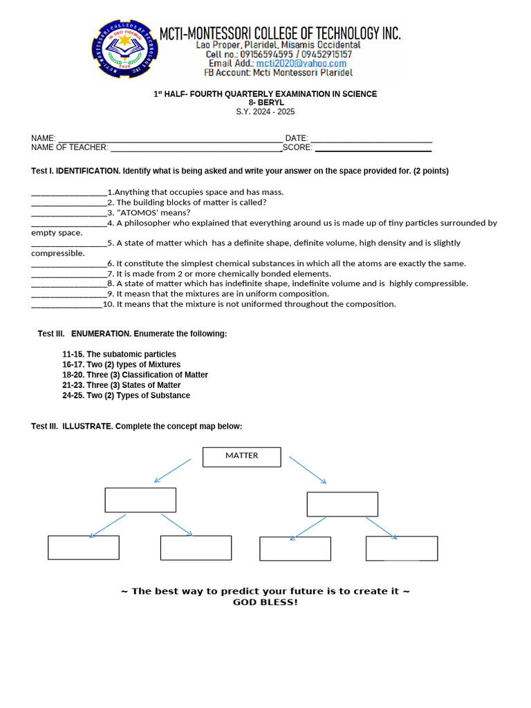 Science 8 First - 4th Quarterly Examination | PDF