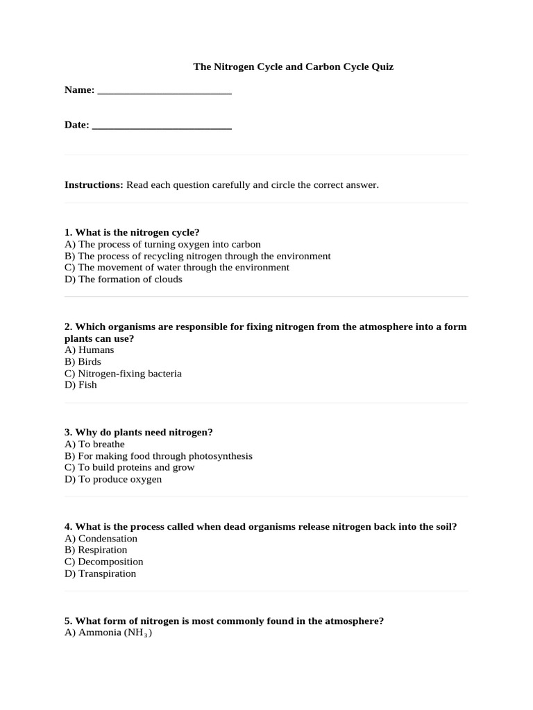 Yeonwoo Seong - Nitrogen and Carbon Cycle Quiz | PDF