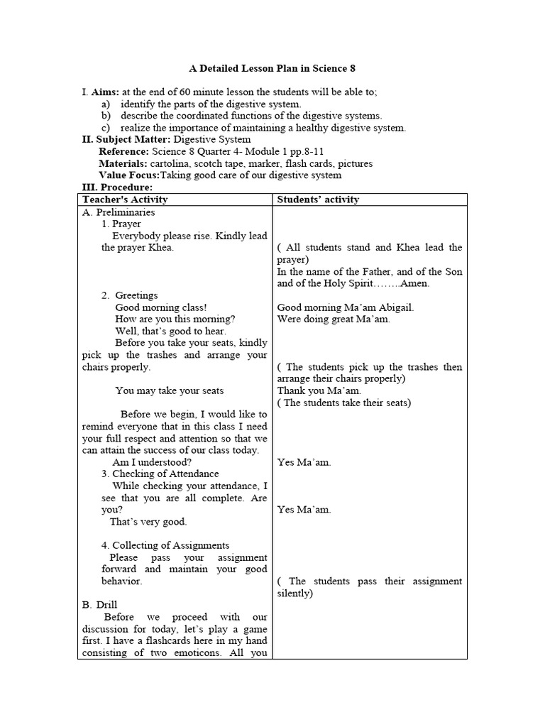 Science 8 Lesson Plan: Digestive System | PDF | Digestion | Small Intestine