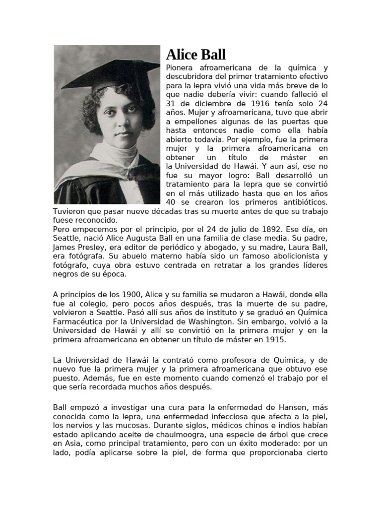 Biografía de Alice Ball: Pionera en Química | PDF | Medicina ...