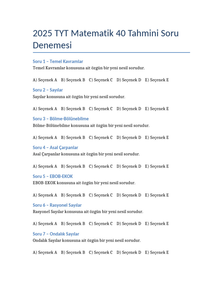 2025 TYT Matematik 40 Tahmini Soru | PDF