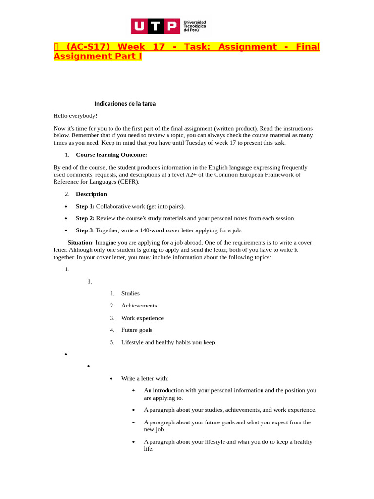 ? (AC-S17) Week 17 - Task Assignment - Final Assignment Part I - INGLES 4 | PDF | Vídeo | Youtube
