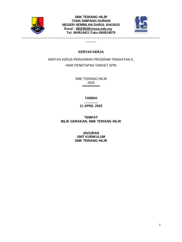 Kertas Kerja Penetapan Target SPM Ting 5 2025 | PDF