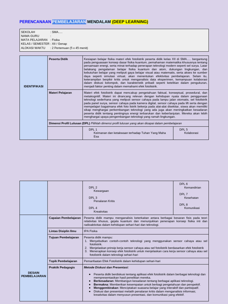 RPP Fisika Pembelajaran Mendalam | PDF