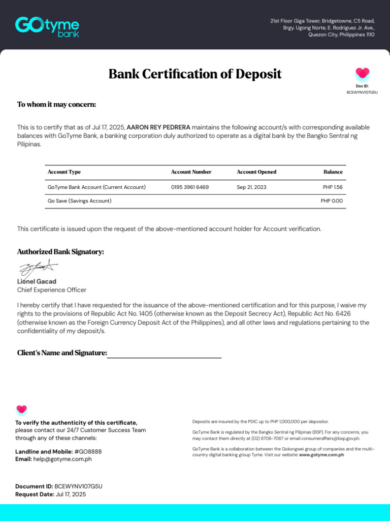 GoTyme Bank Certificate - 20250717 - 001638 - Unlocked | PDF | Banking ...