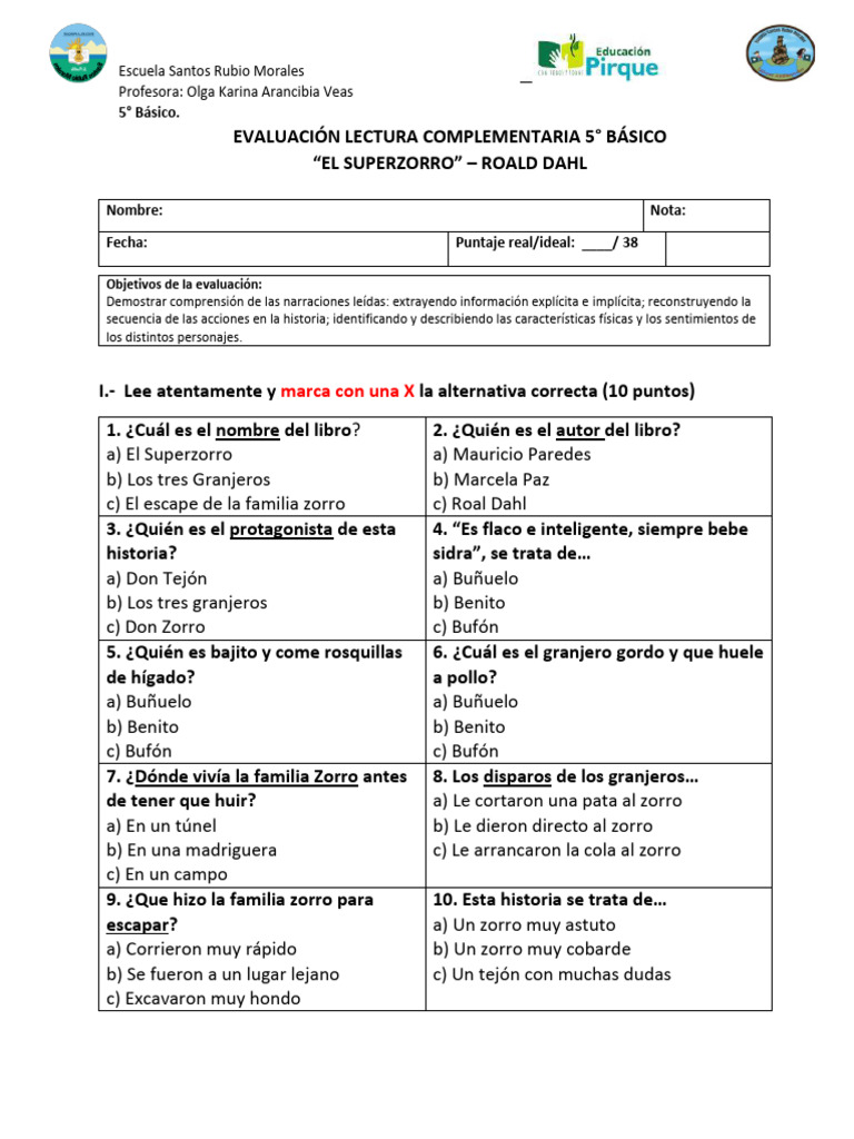 Prueba Lectura Complementaria El Superzorro | PDF