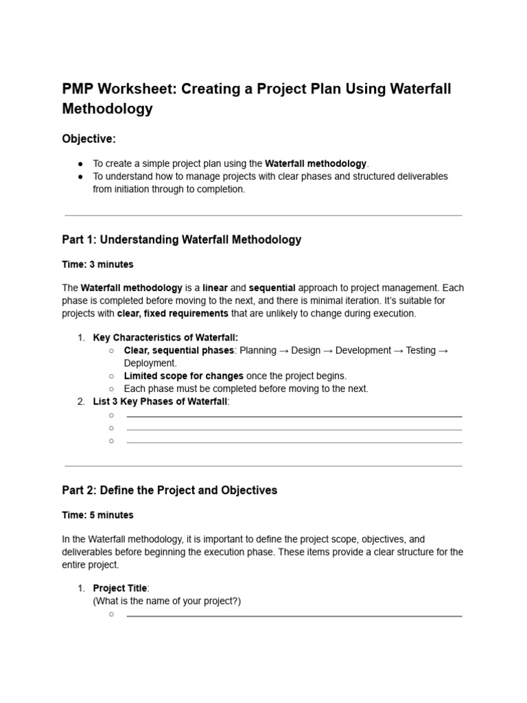 PMP Worksheet - Creating A Project Plan Using Waterfall Methodology ...