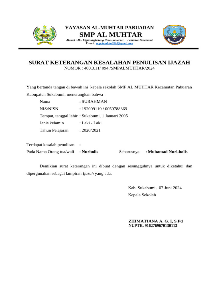 Surat Keterangan dari SMP Al Muhtar | PDF