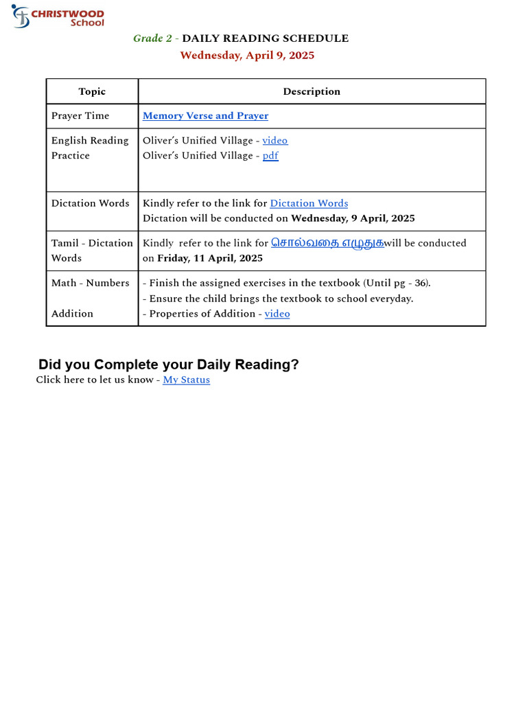 G2 - Daily Reading Schedule - 9th April | PDF