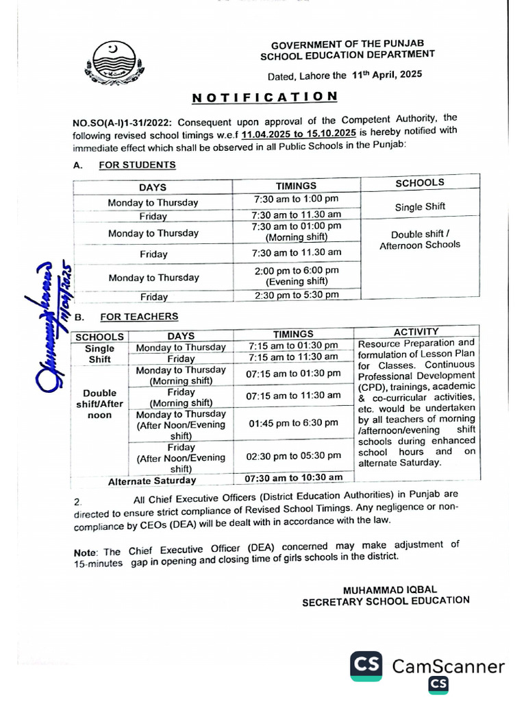 Revised School Timing | PDF