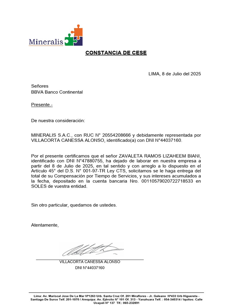Constancia de Cese Laboral 2025 | PDF