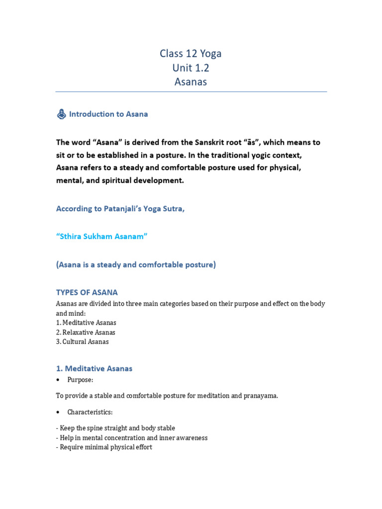 Class_12_Yoga_Types_of_Asanas (1) | PDF | Asana | Yoga