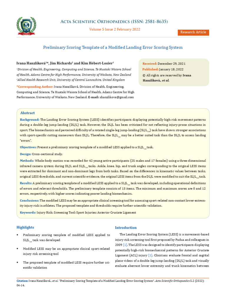 Hanzlikova 2022 Preliminary Scoring Template of A Modified Landing ...