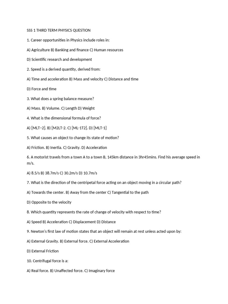 Sss 1 Third Term Physics Exam-1 | PDF | Acceleration | Force