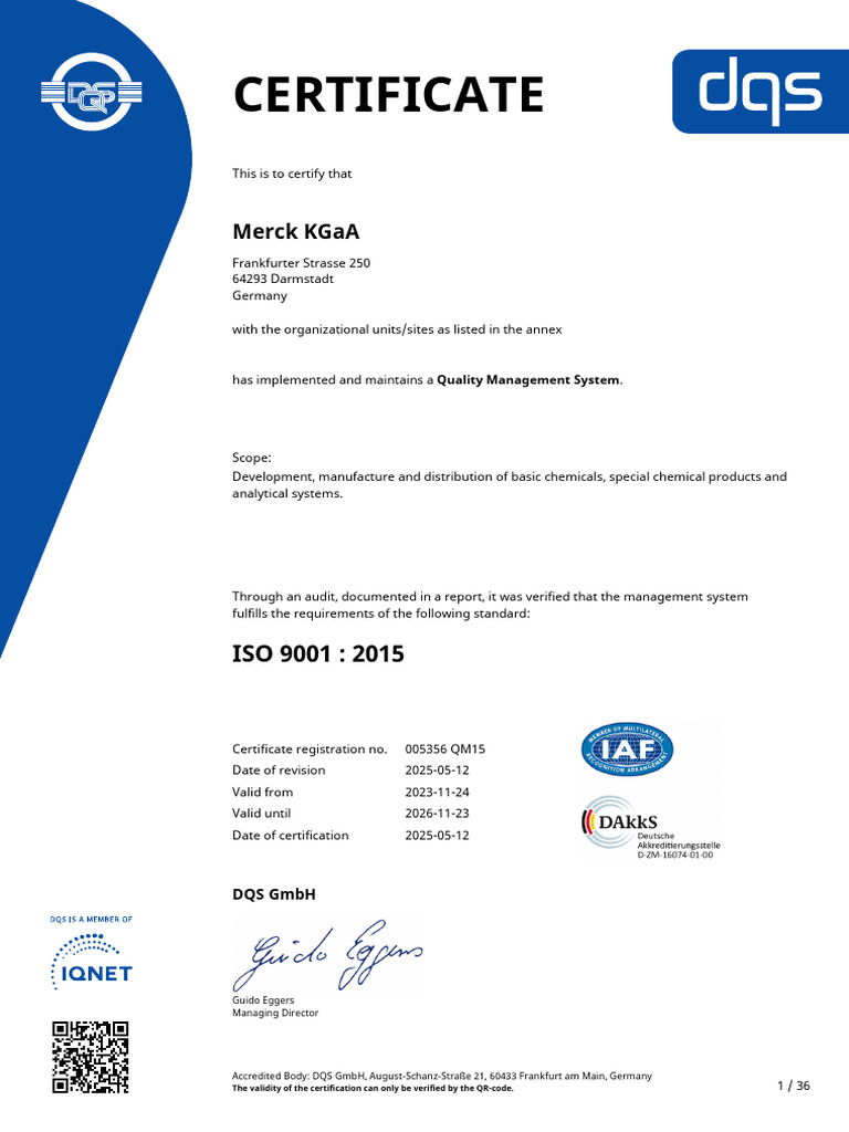 Certificate Iso 9001 en Merck | PDF | Sigma Aldrich