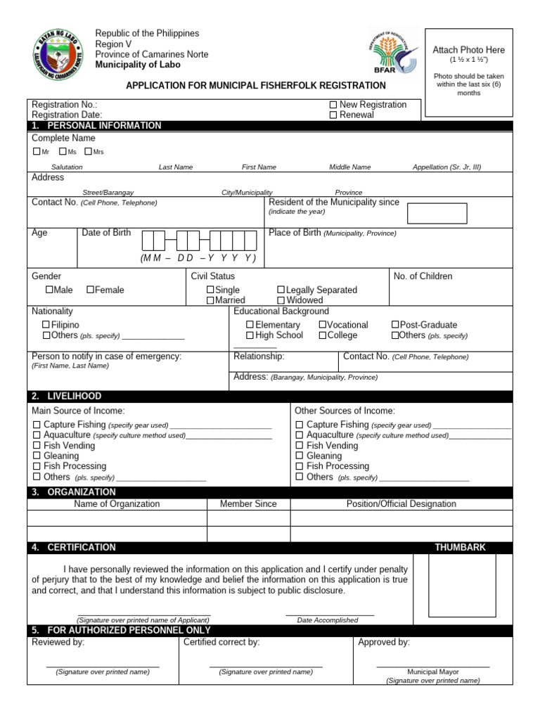 Municipal Fisherfolk Registration Form | PDF