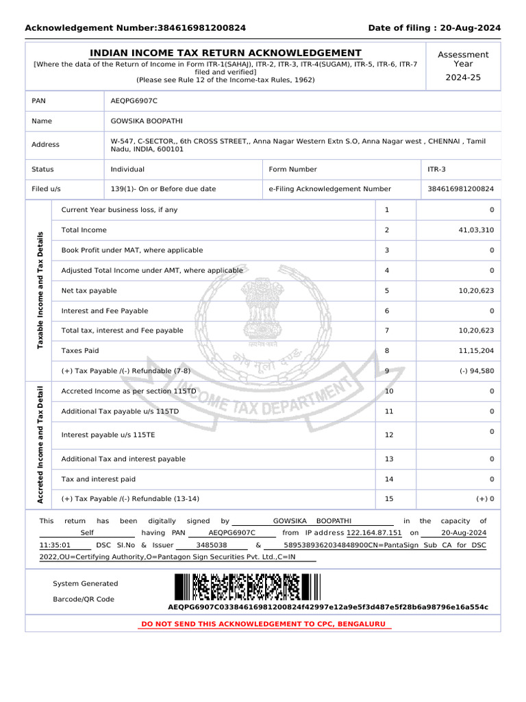 Income Tax Return Acknowledgement 2024 | PDF | Expense | Historical Cost
