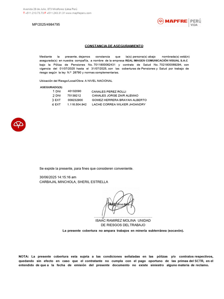 Constancia SCTR Real Imagen Julio 2025.TT | PDF