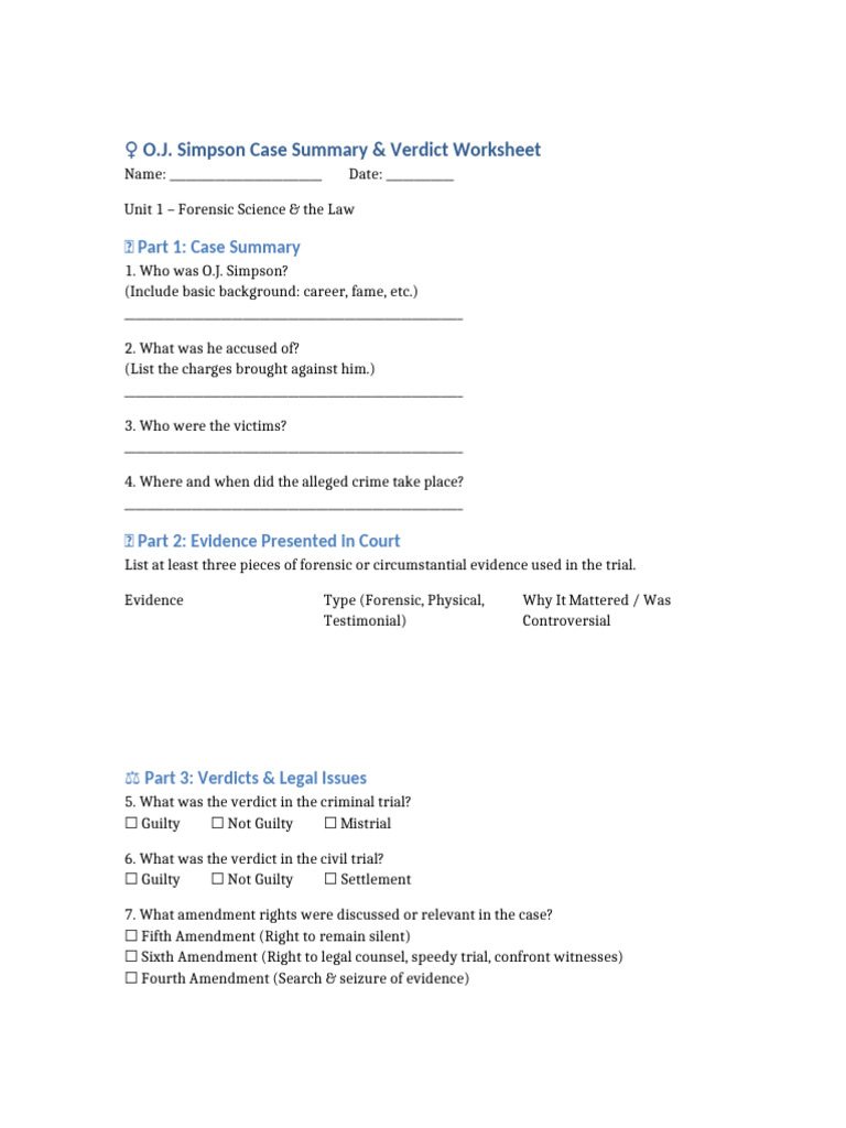 OJ Simpson Case Summary Worksheet | PDF